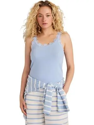 HAVEN WELL WITHIN Organic Cotton Rib Knit Lace Trim Tank - Wave