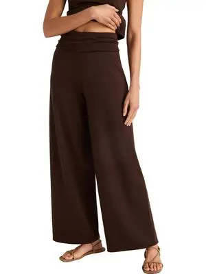 HAVEN WELL WITHIN Organic Cotton Modal Foldover Wide Leg Pants - Coffee Bean