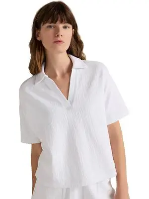 HAVEN WELL WITHIN Cotton French Terry Johnny Collar Top - White