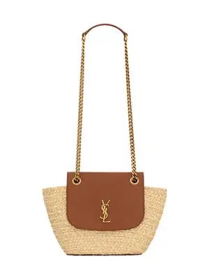 Saint Laurent Mini Manon Raffia Bag With Leather Flap - Naturel And Brick