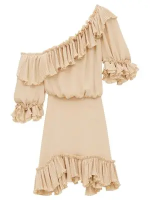 Saint Laurent One-shoulder Ruffled Silk Crepon Muslin Dress - Beige