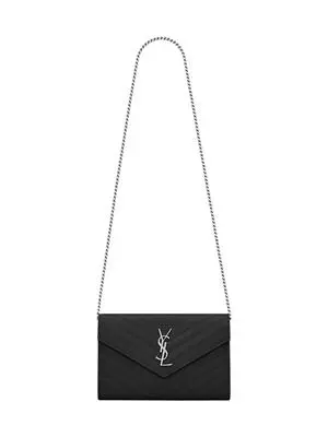 Saint Laurent Cassandre Chain Wallet In Grain De Poudre Leather - Black