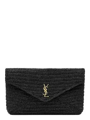 Saint Laurent Cassandre Large Envelope Pouch In Raffia - Noir