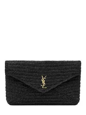 Saint Laurent Saint Laurent Cassandre Large Envelope Pouch In Raffia Noir