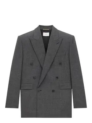 Saint Laurent Double-breasted Long Jacket In Wool - Gris Chine