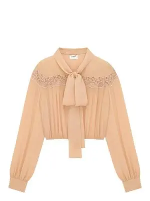 Saint Laurent Lavallière Blouse In Silk Georgette And Lace - Peche Fumee