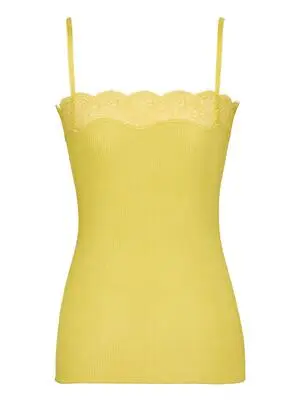 Saint Laurent Ribbed Silk Jersey Lace Trimmed Tank Top - Chartreuse
