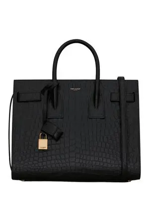 Saint Laurent Sac De Jour In Crocodile-embossed Leather - Black