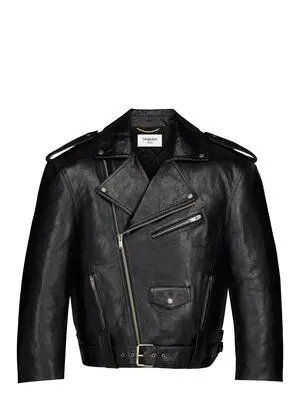 Saint Laurent Oversized Quilted Zip Biker Jacket In Grained Leather - Noir/beige Rose