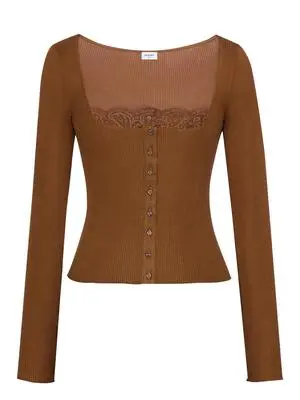 Saint Laurent Ribbed Silk Jersey Square Neck Top With Lace Detail - Cognac