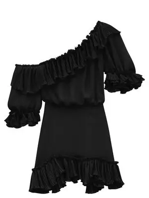 Saint Laurent Black Silk Crepon Muslin Ruffled Dress - Noir