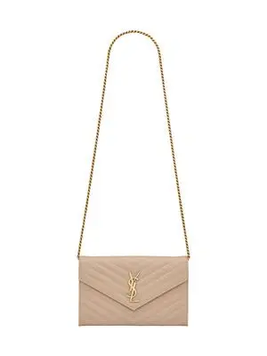 Saint Laurent Cassandre Chain Wallet In Grain De Poudre Leather - Dark Beige