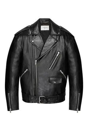 Saint Laurent Grained Leather Oversized Biker Jacket - Noir/beige Rose