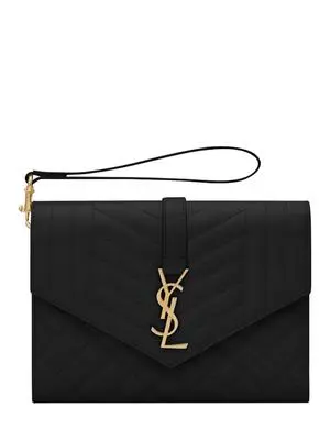 Saint Laurent Envelope Flap Pouch In Mix Matelassé Grain De Poudre Leather - Black