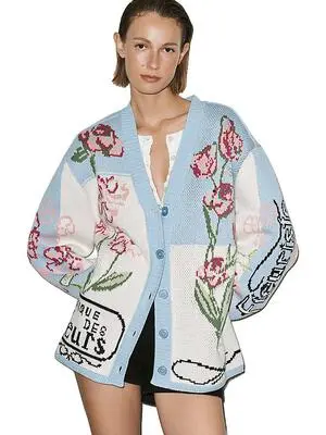 Anthropologie Oversized Floral V-neck Cardigan Sweater - Pale Blue Pattern