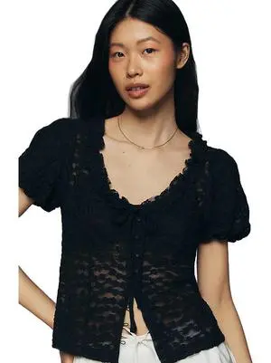 Anthropologie Sheer Lace Puff-sleeve Top - Anthracite