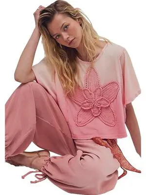 TRICIA FIX Tricia Fix Crocheted Applique Cropped T-Shirt Petal Pink