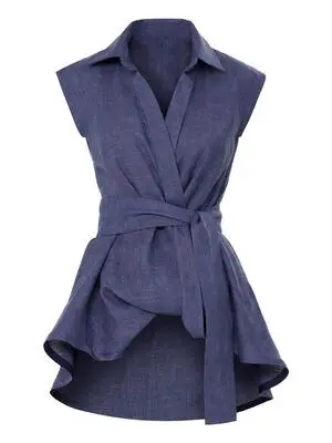 METAMORPHOZA Sleeveless Wrap Shirt In Linen Denim - Blue