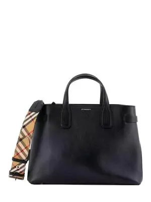Burberry Banner Nm Leather Tote Bag With Vintage Check Canvas Strap - Black