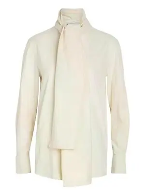 Another Tomorrow Detachable Scarf Collar Long Sleeve Blouse - Neutrals