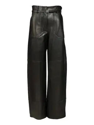 Sportmax Belted Leather Wide Leg Trousers - Black