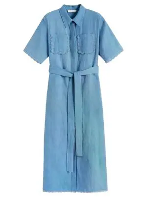 Chinti & Parker Scallop Trim Belted Shirt Midi Dress - Blue