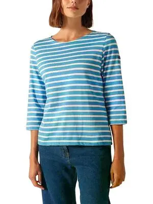 Saint James Galathee Striped Three-quarter Sleeve Boat Neck T-shirt - Blue
