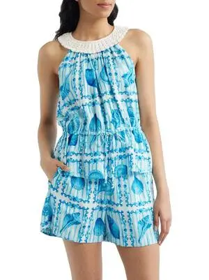 CITY BLUES Sleeveless Shell Print Top With Crochet Collar - Blue Multi