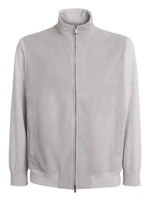 Paul & Shark Aqua Suede Bomber Jacket With Cashmere-linen Blend Sleeves - Grey