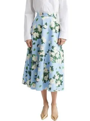 Carolina Herrera Rose Print Midi Skirt - Cloudy Blue Multi