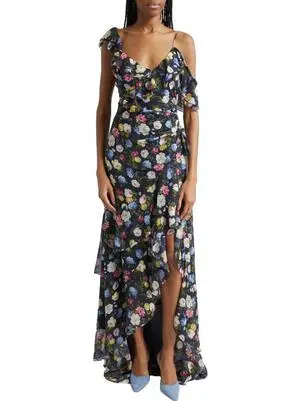 CAROLINA HERRERA Carolina Herrera Floral Print Ruffle Asymmetric Silk Gown
