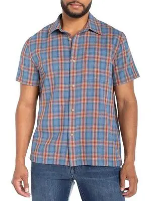 LIVERPOOL Plaid Short Sleeve Cotton Button-up Shirt - Blue Red Multi