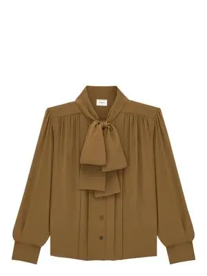Saint Laurent Silk Crepe De Chine Lavallière Blouse - Algue