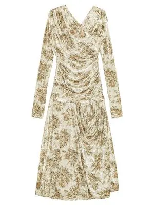 GANNI Golden Floral Ruched Asymmetrical Neckline Long Sleeve Dress - Beige