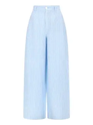 120% Lino Wide Leg Striped Trousers - Azure
