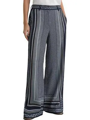 REISS Anna Wide Leg Printed Trousers - Navy