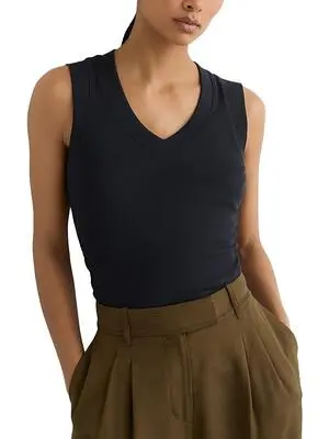 REISS Ruched Ribbed V-neck Top - Navy