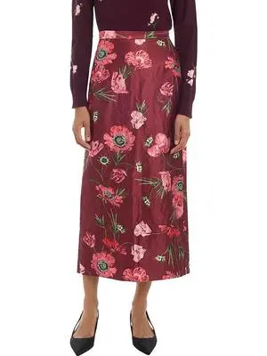 Erdem Floral Print Satin Pencil Skirt - Belle Epoque Poppy Ruby Red