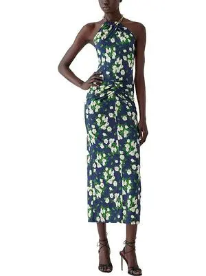 Carolina Herrera Halter Neck Floral Print Draped Dress - Midnight Multi