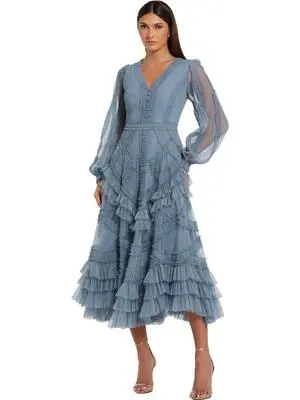 Mac Duggal Petite Long Sleeve V-neck Micro Ruffle Midi Dress - Blue