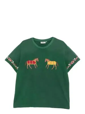 FOUND Horse Equine Embroidered Floral-trim T-shirt - Green
