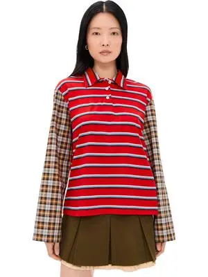 MSGM Striped Polo With Contrast Plaid Sleeves - Red