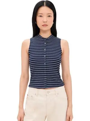 Good American Ribbed Sleeveless Button-up Top - Simple Stripe Horizon Ink