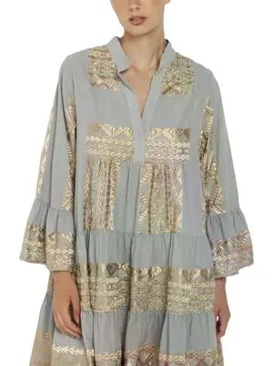 Greek Archaic Kori Embroidered Tiered Dress - Grey