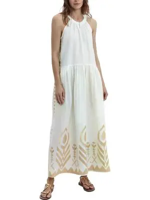 Greek Archaic Kori Embroidered Halterneck Maxi Dress - Neutrals