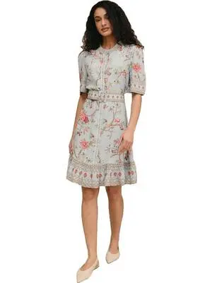 RAISHMA Raishma Everly Floral Print Belted Knee-Length Dress Blue