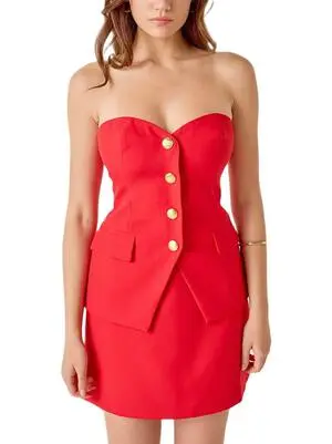 MARSY MARSY Strapless Sweetheart Neckline Top With Golden Buttons Red