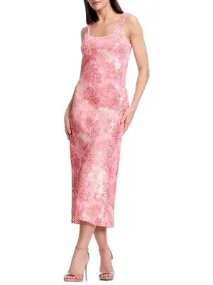 Dress The Population Sequin Floral Sheath Midi Dress - Fuchsia Multi