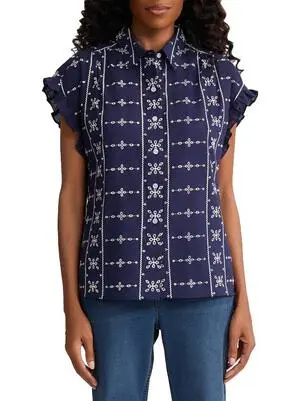 Jones New York Embroidered Shirt With Frill Sleeves - Pacific Navy/natural White