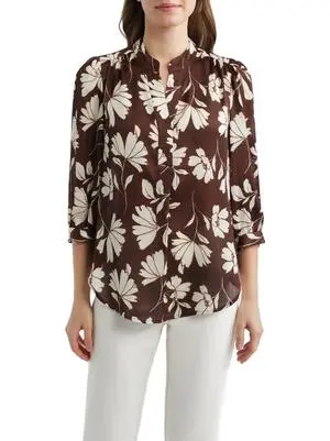 Anne Klein Floral Print Split Neck Top - Dark Chocolate/white